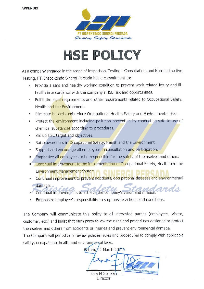 QHSE Commitment - PT Inspektindo Sinergi Persada
