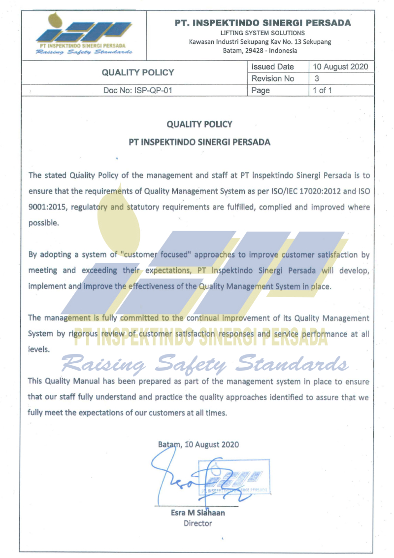 QHSE Commitment - PT Inspektindo Sinergi Persada